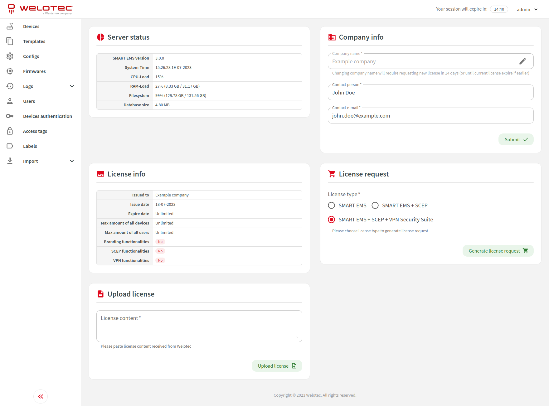 Status and license — SMART EMS
